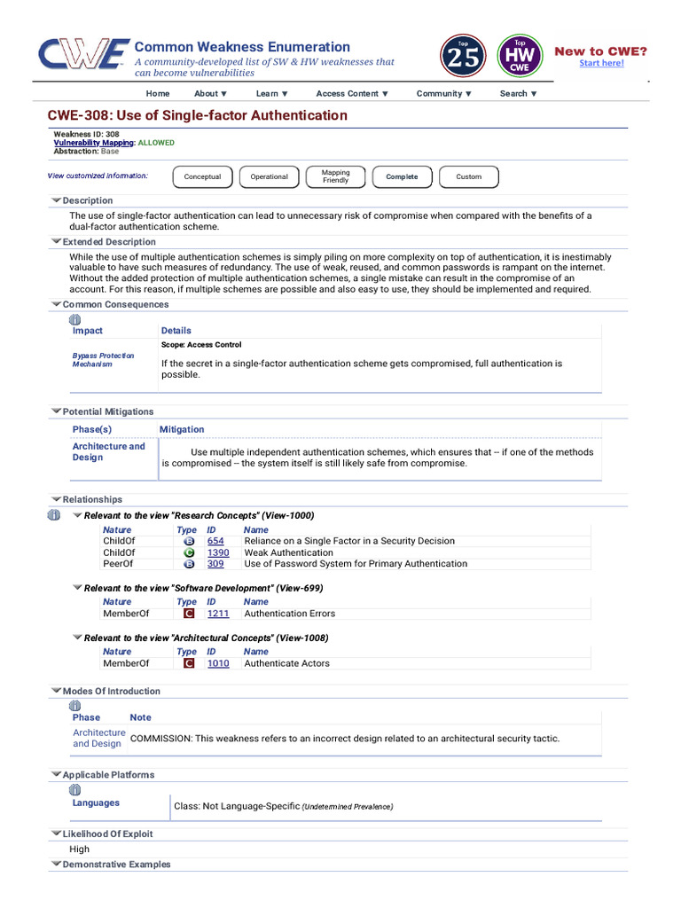 CWE - CWE-308 - Use of Single-Factor Authentication (4.17) | PDF ...