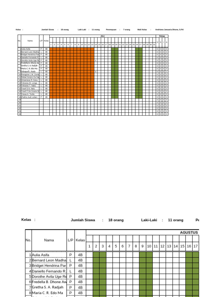 Contoh Absensi Siswa Rekap Otomatis Semester Ganjil | PDF