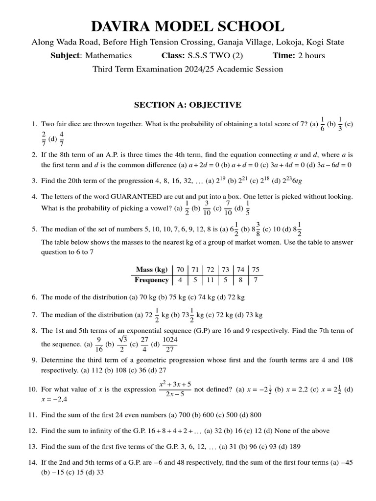 SS2 Davira Model - Third Term - 120629 | PDF | Mathematics