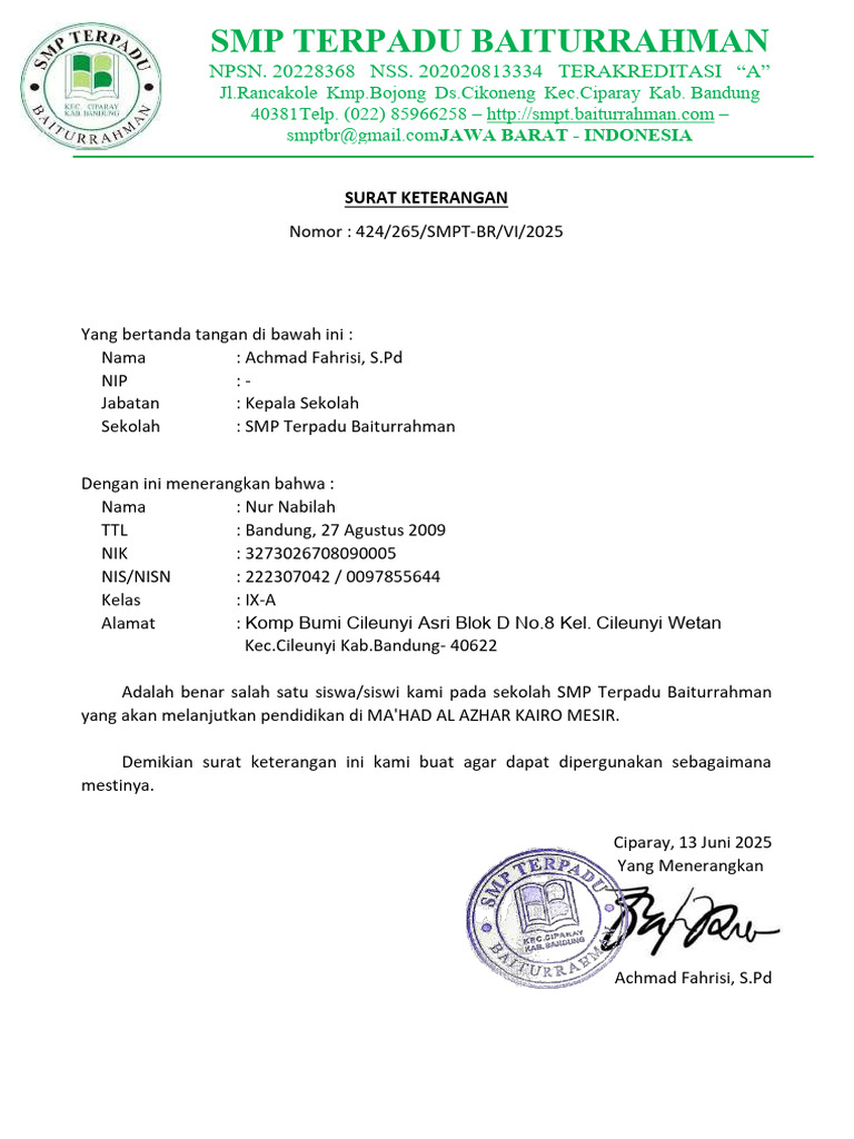 Surat Keterangan Nur Nabilah | PDF