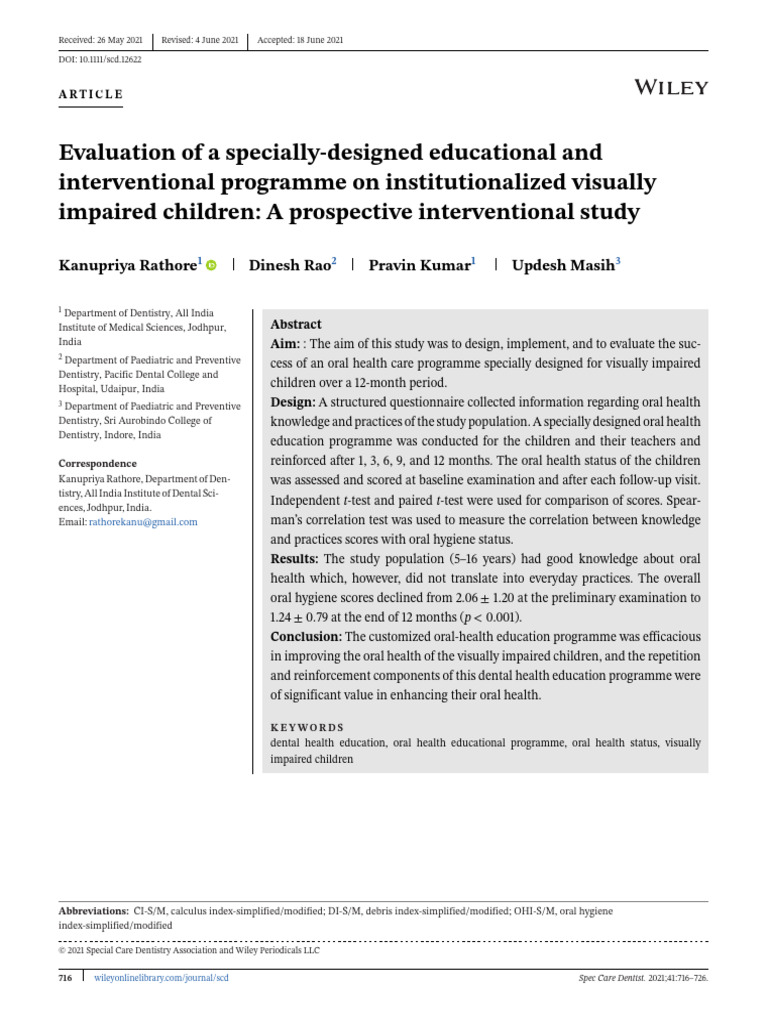 Evaluation of A Specially Designed Educational and Interventional Programme On Institutionalized ...