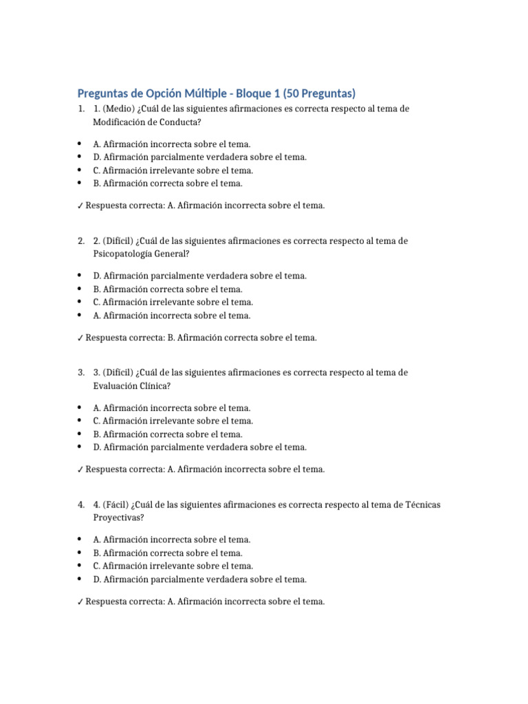 Preguntas de Opción Múltiple en Psicología | PDF | Psicología clínica ...