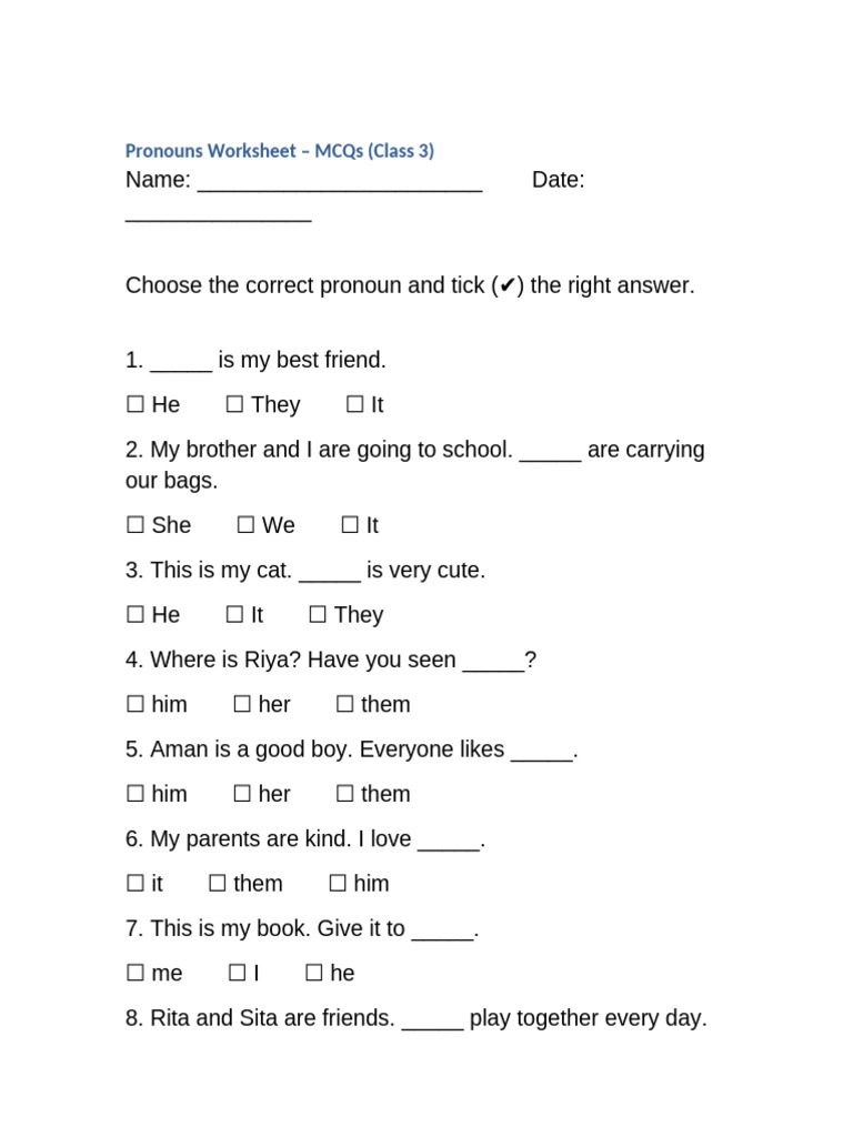 Pronouns Worksheet Class3 | PDF