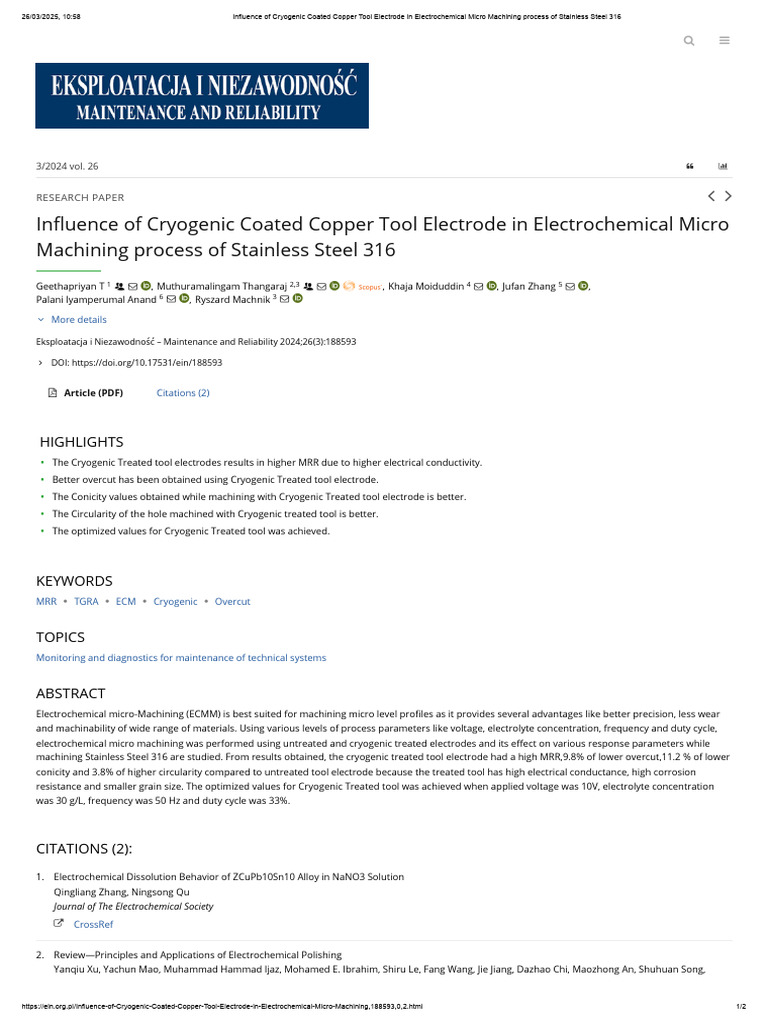 Influence of Cryogenic Coated Copper Tool Electrode in Electrochemical ...