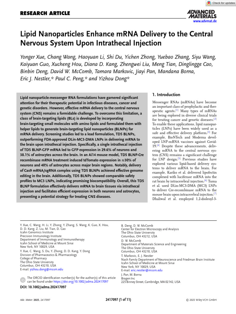 Advanced Materials - 2025 - Xue - Lipid Nanoparticles Enhance MRNA ...