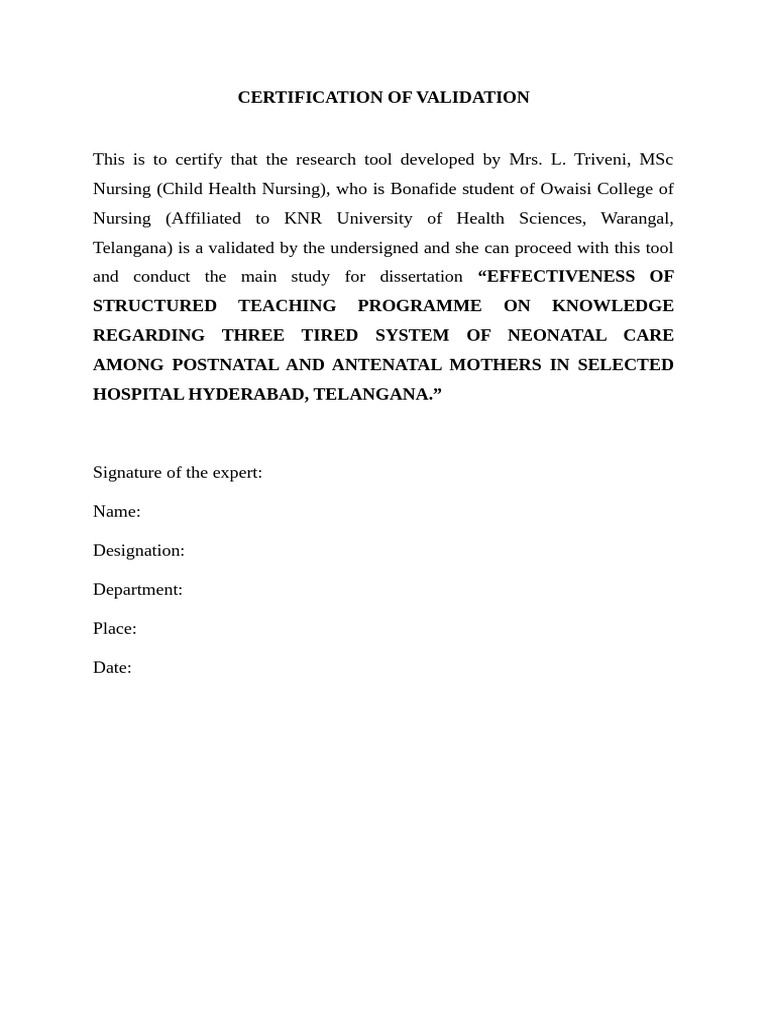Validation Certificate for Nursing Research Tool | PDF