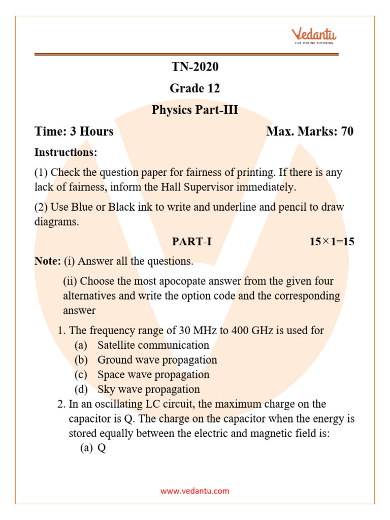 TNHSC Class 12 Physics Question Paper 2020 | PDF | Electron | Inductor