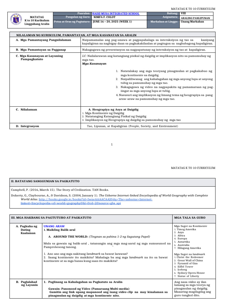 DLL Matatag - Araling Panlipunan 8 q1 w1 | PDF