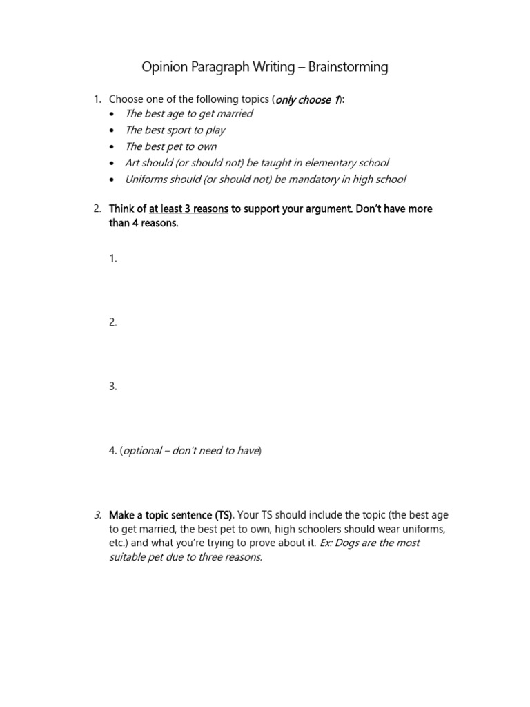 Opinion Paragraph Brainstorming Guide | PDF