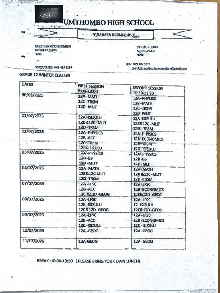 Winter Classes Timetable | PDF