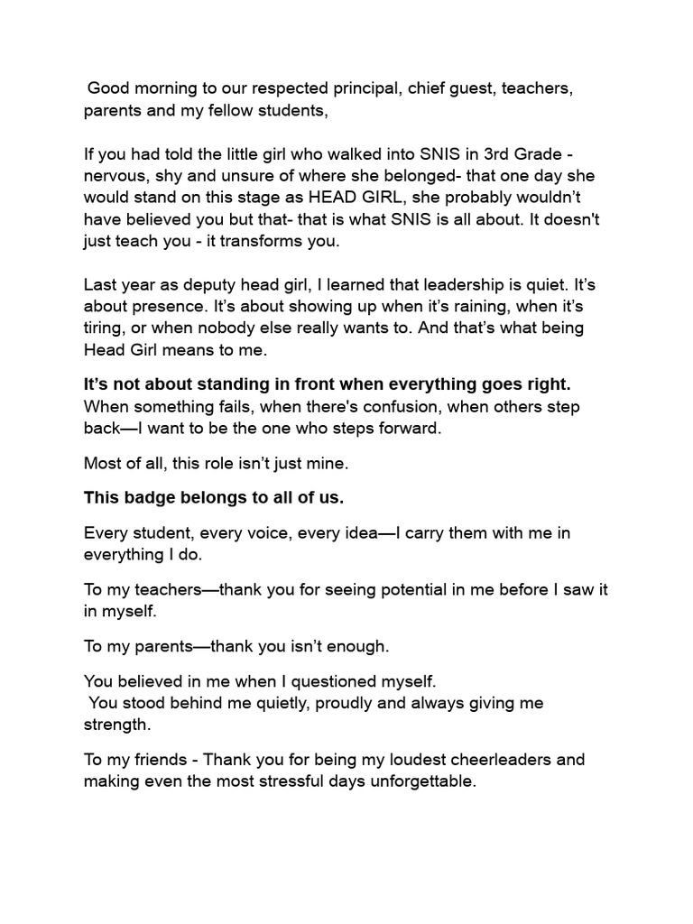 Head Girl Speech | PDF