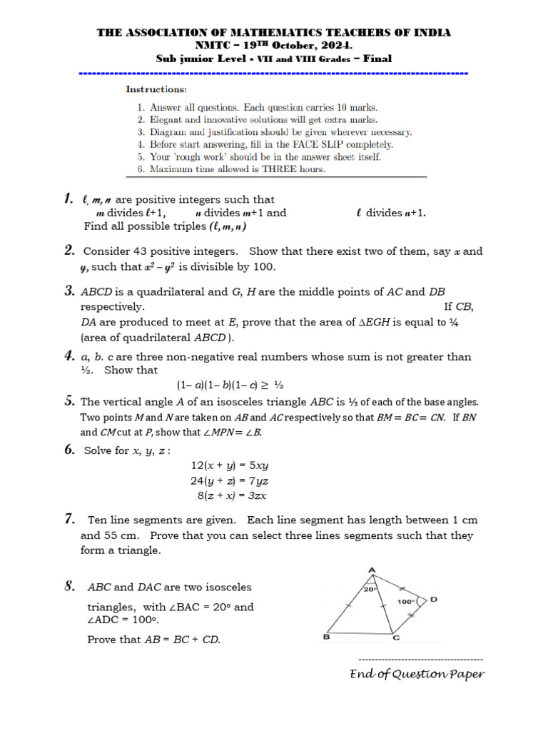 NMTC Sub Junior Question Paper 2024 | PDF