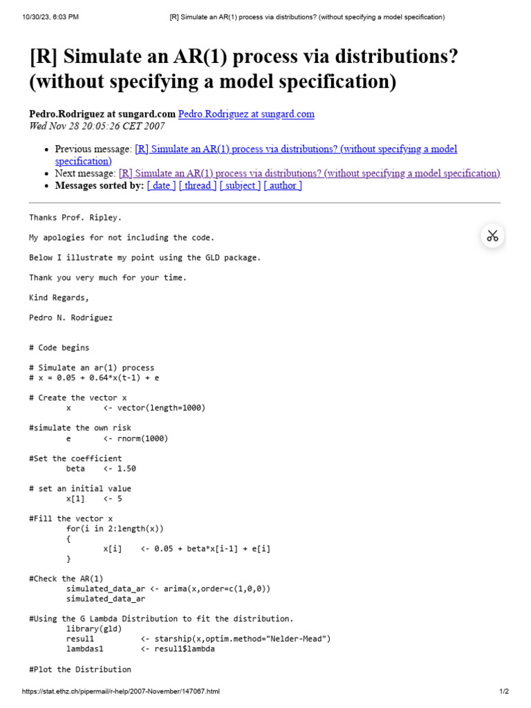 (R) Simulate An AR (1) Process Via Distributions - (Without Specifying ...