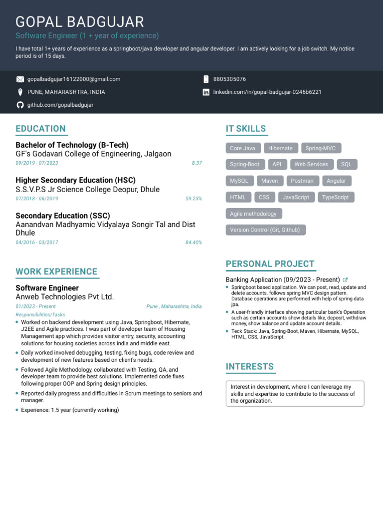 Gopal Badgujar Resume 2023 | PDF | Software Development | Java (Programming Language)