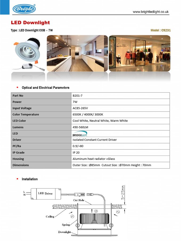 7W LED Downlight COB Specifications | PDF