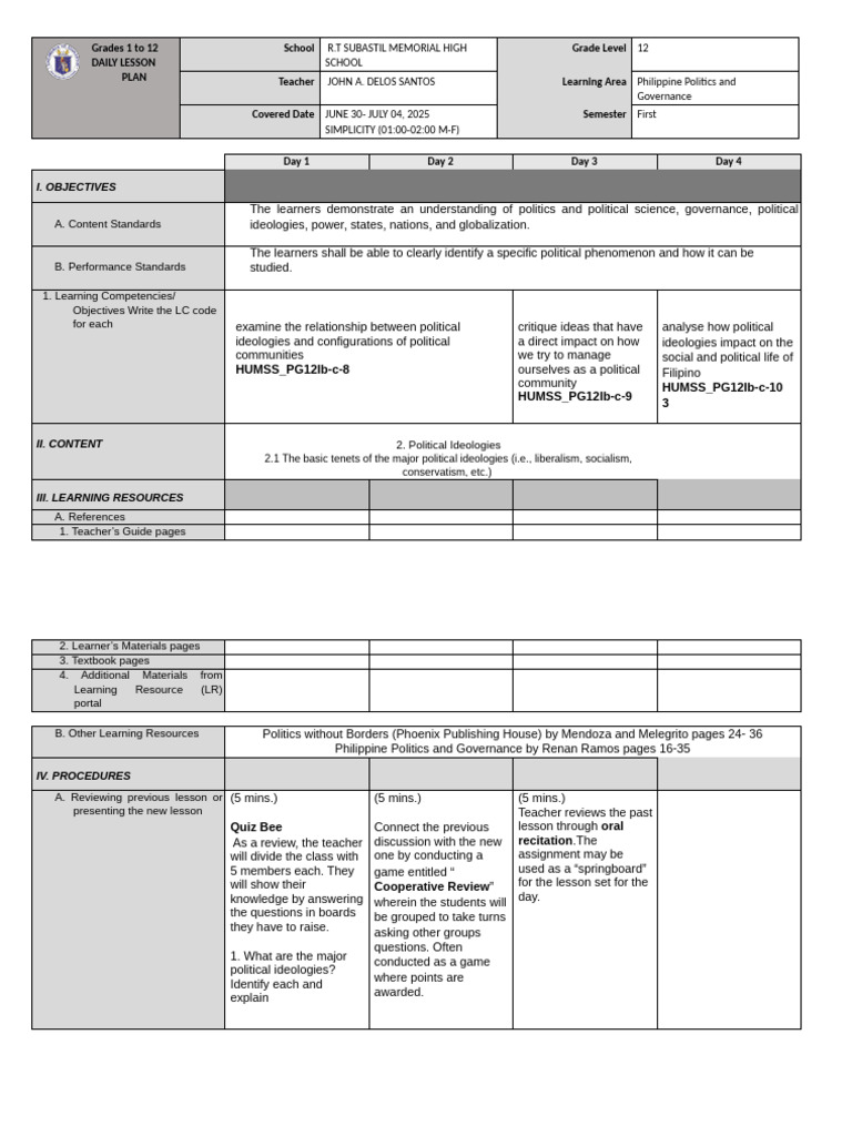 Grade 12 Philippine Politics Lesson Plan | PDF | Ideologies | Liberalism