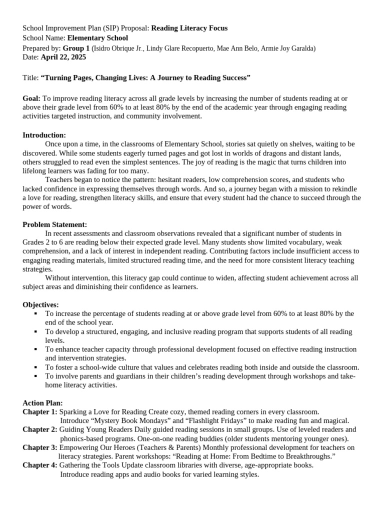 School Improvement Plan Sample Proposal | PDF | Reading Comprehension | Literacy
