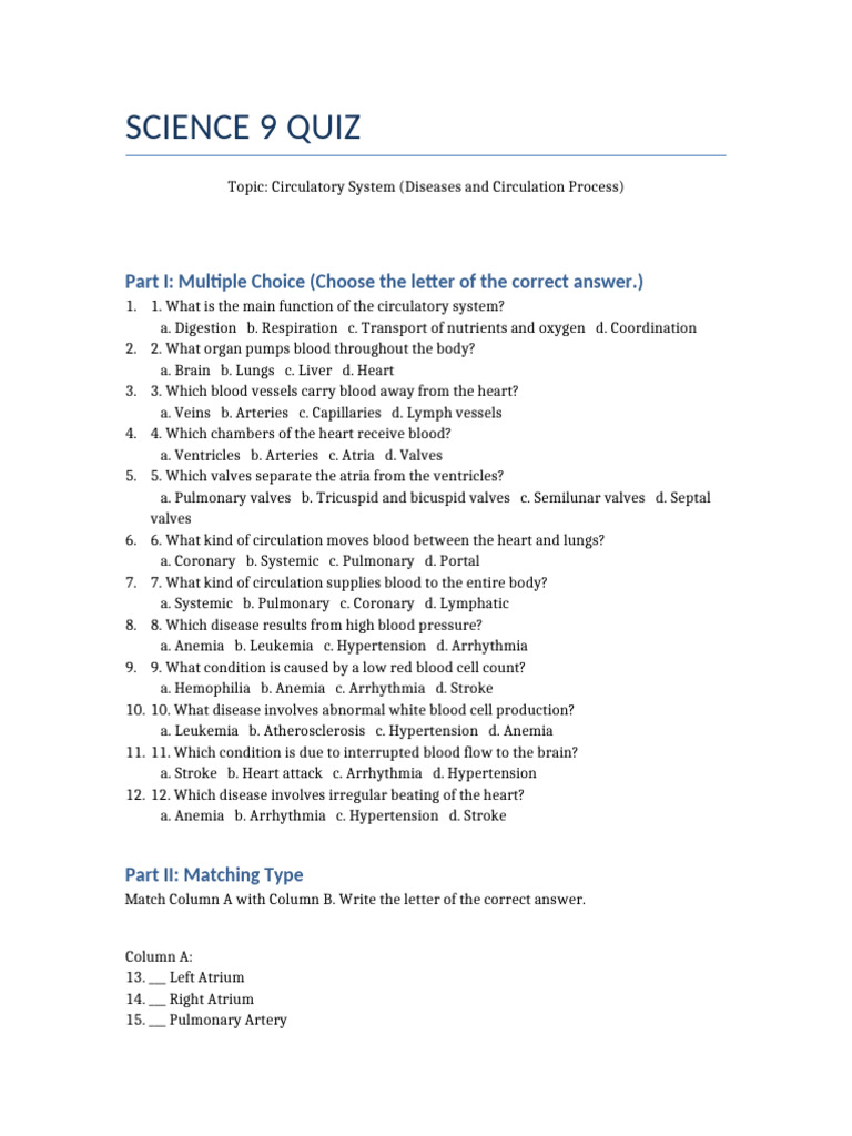 Science9 Quiz Revised CirculatorySystem | PDF | Circulatory System | Heart