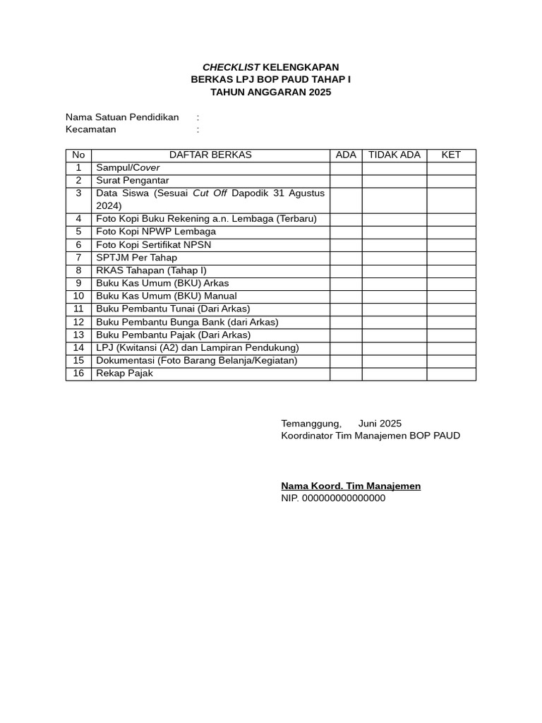 Checklist LPJ Bop Paud 2025 | PDF