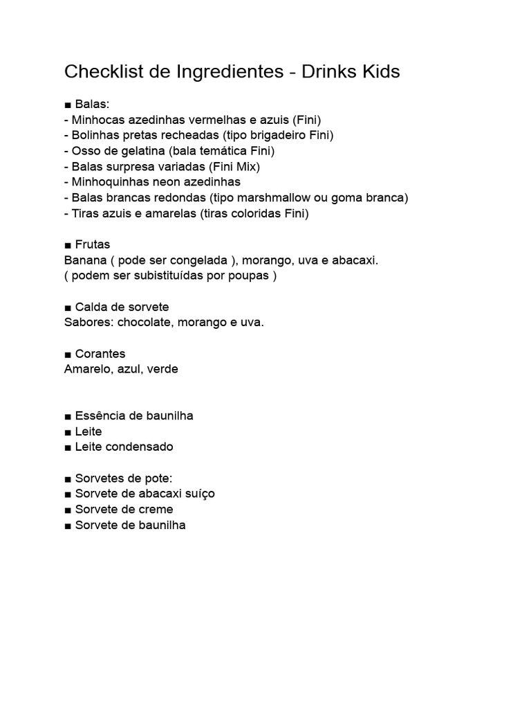 Checklist de Ingredientes - Drinks Kids | PDF