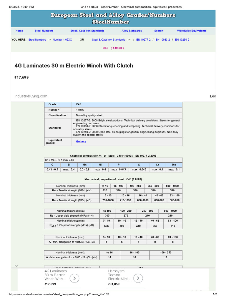 C45 - 1.0503 Properties | PDF | Steel | Heat Treating