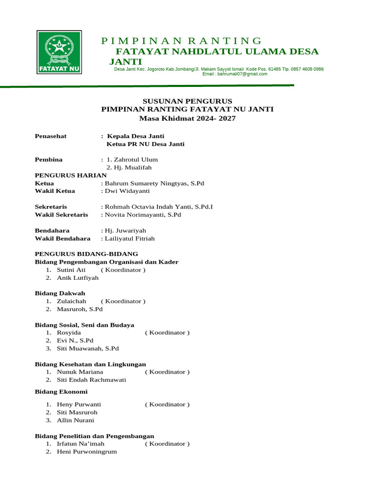 Pengurus Fatayat NU Janti 2024-2027 | PDF