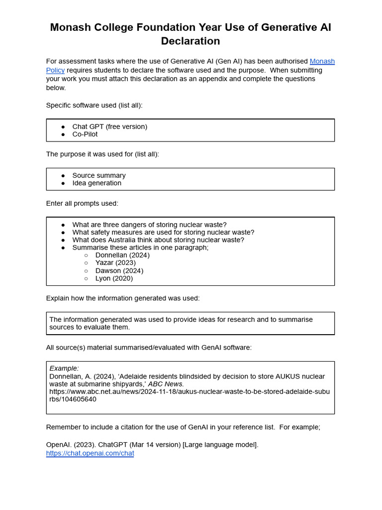 How To Declare The Use of Generative AI Tools - Example | PDF