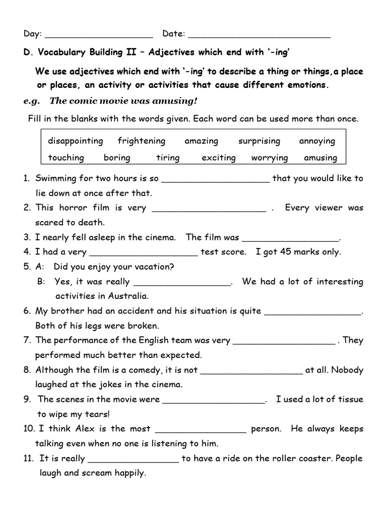Worksheet 3 - Adjectives End With 'Ing' | PDF