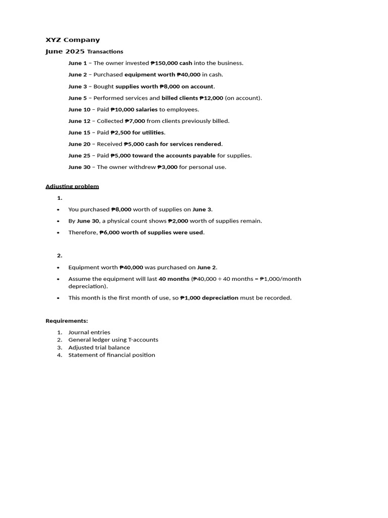 XYZ Company Accounting Cycle Activity | PDF