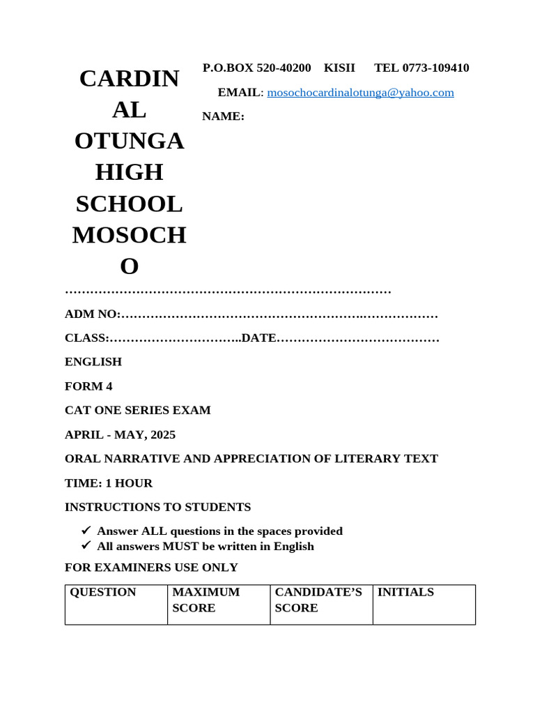 Form Four Cat One Term Two With Answers | PDF