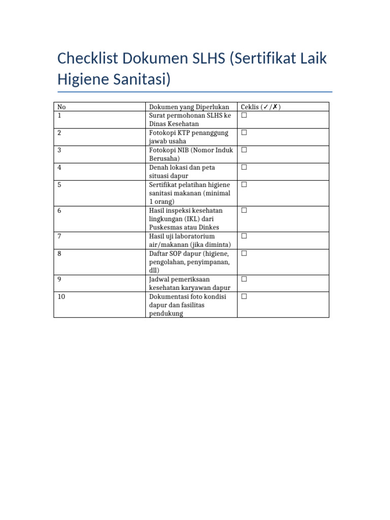 Checklist Dokumen Pengajuan SLHS | PDF