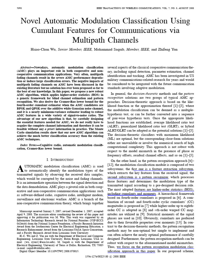 Novel Automatic Modulation Classification Using Cumulant Features For Communications Via ...
