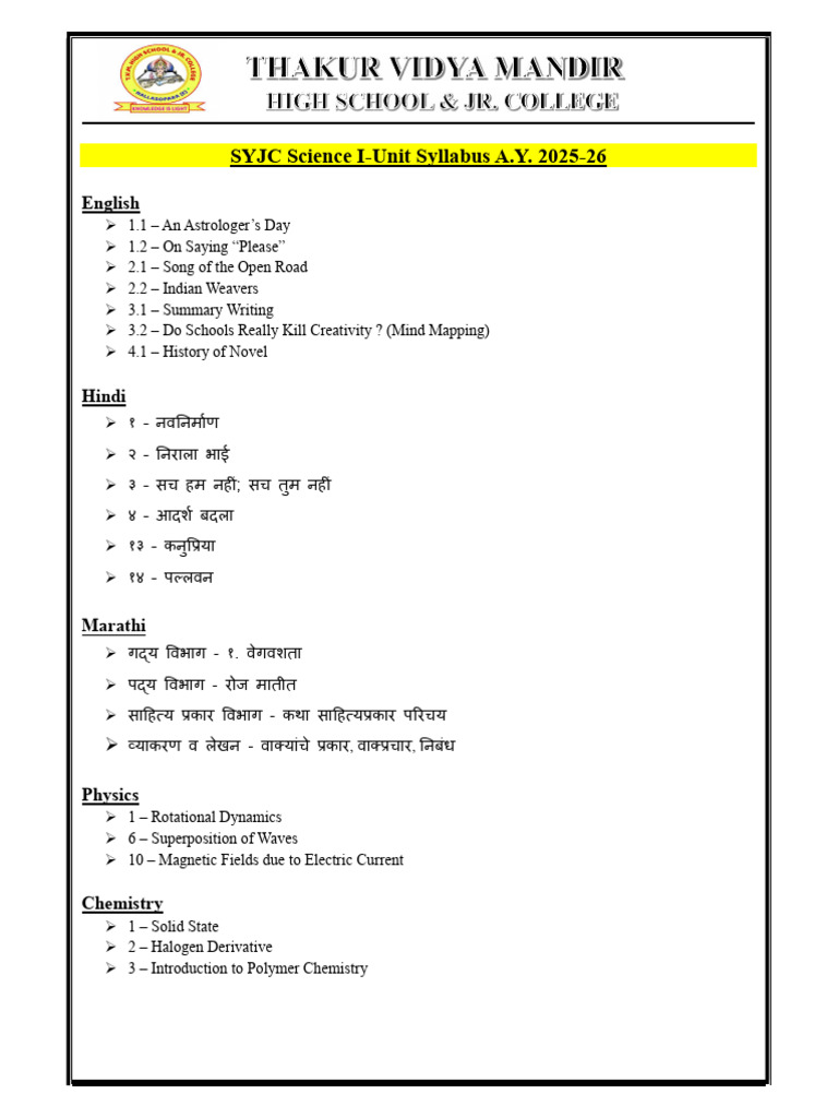 SY Unit - 1 Syllabus (Science) | PDF