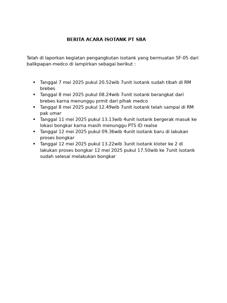 Berita Acara Isotank PT Sba | PDF