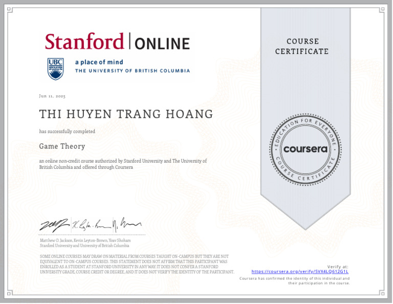 Stanford Game Theory Course Completion | PDF