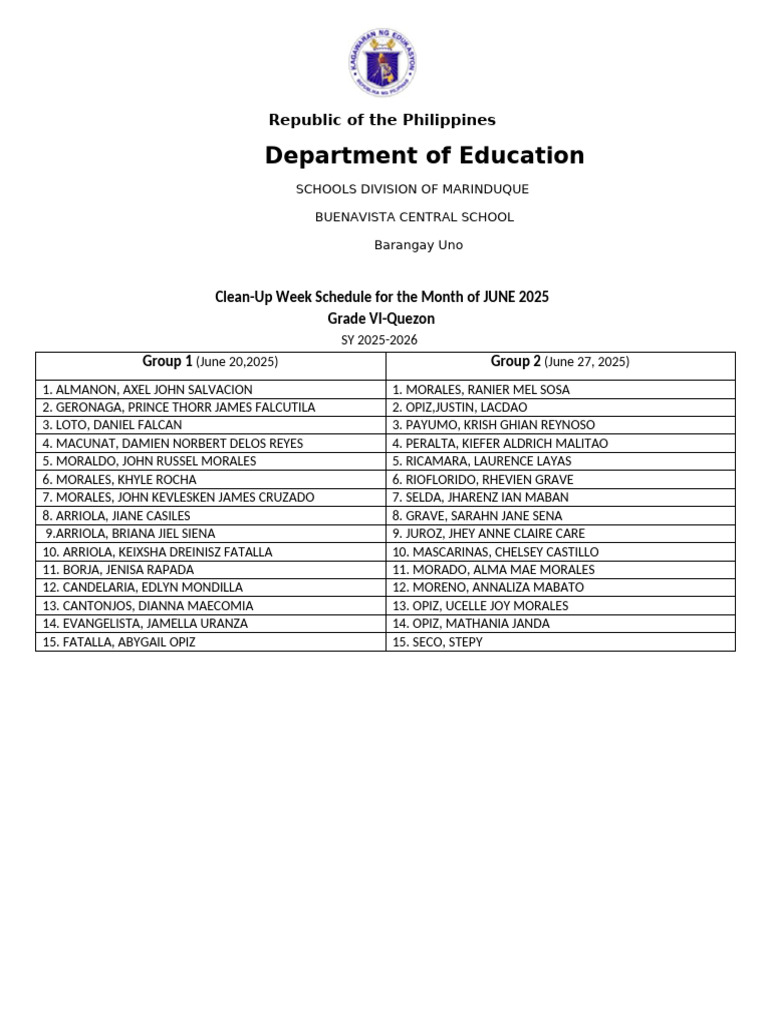 Clean Up Week Schedule of GR - VI Quezon For The Month of JUNE 2025 | PDF