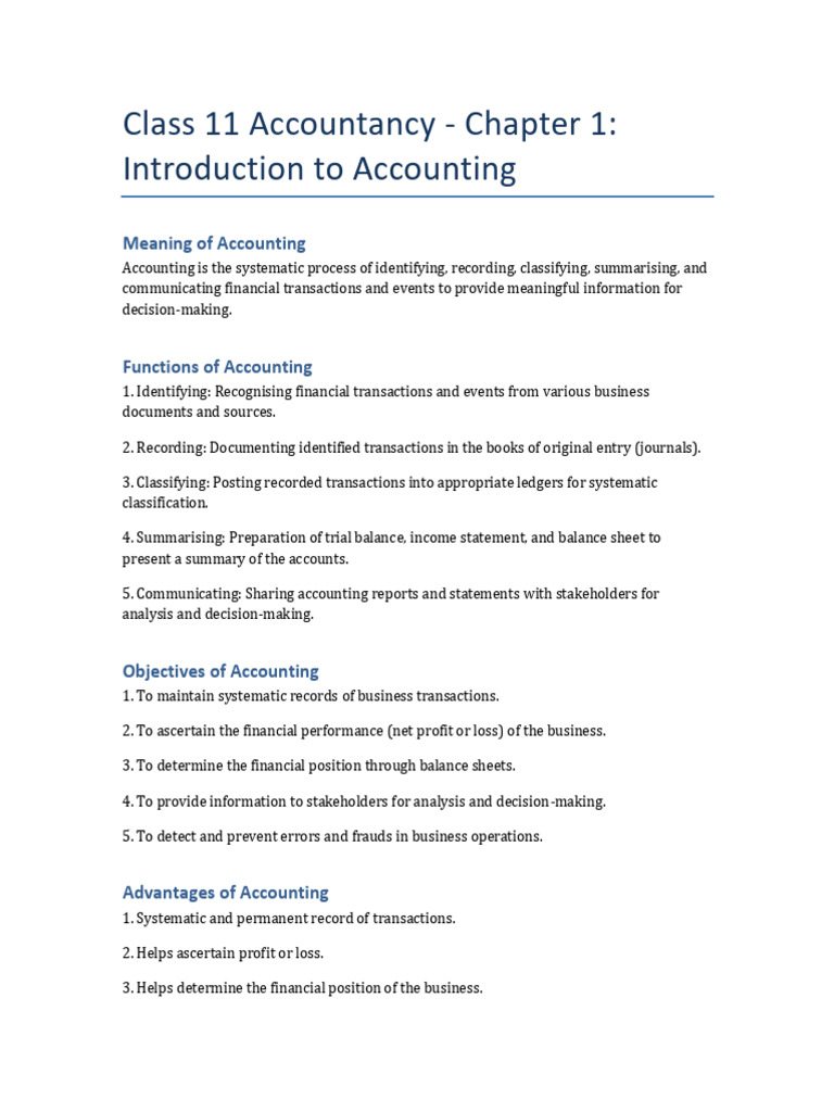 Class 11 Accountancy Chapter 1 Notes | PDF | Expense | Accounting
