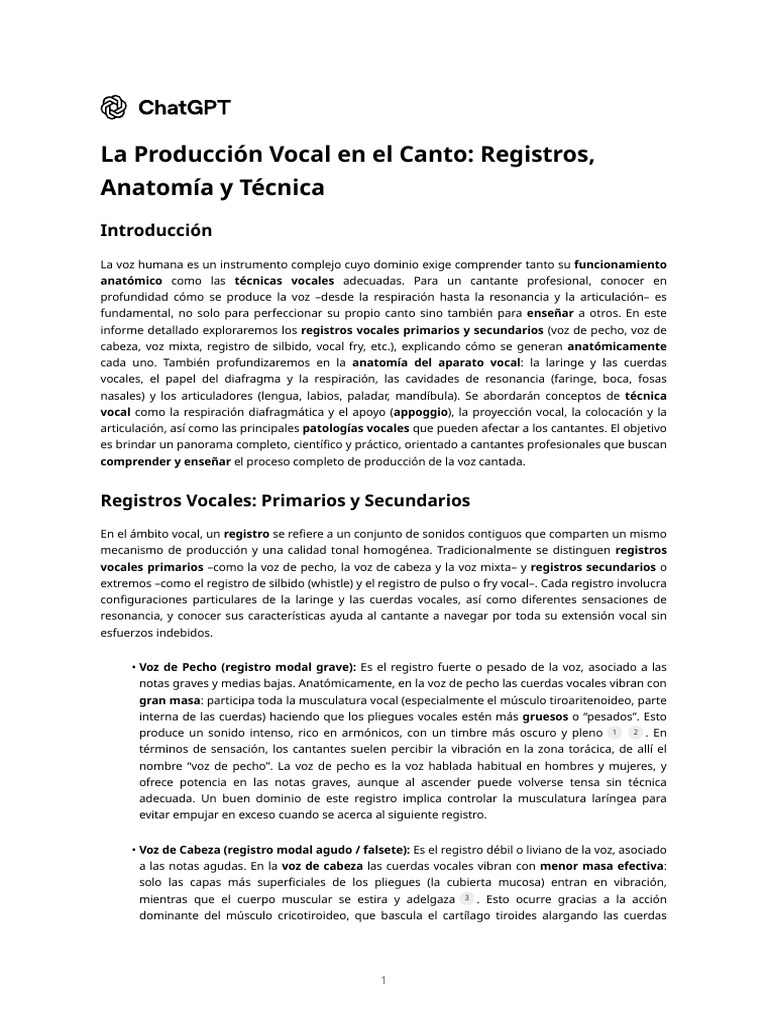 Producción Vocal: Registros y Técnicas | PDF | Laringe | Respiración