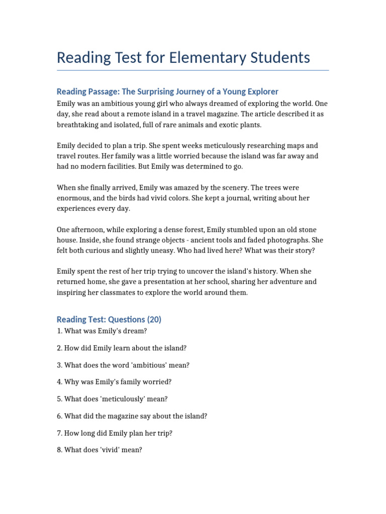 Elementary Reading Test: Explorer's Journey | PDF