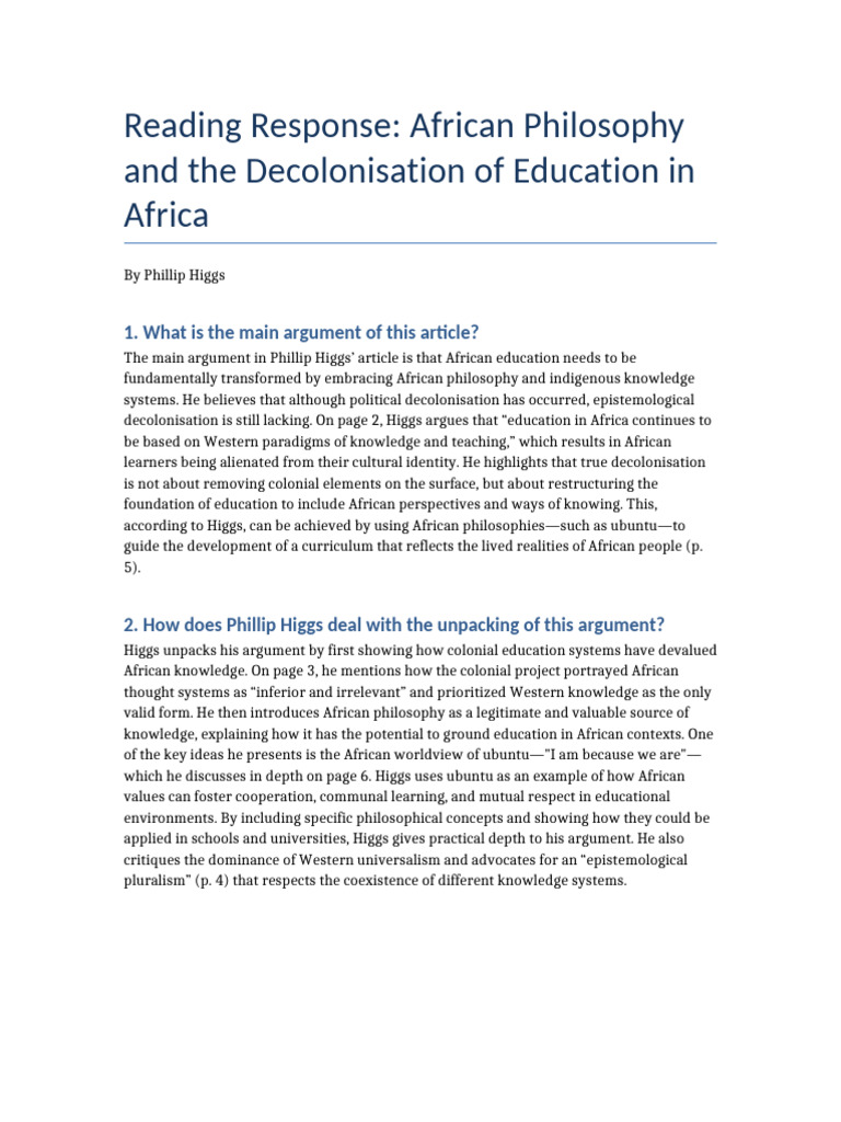 Reading Response African Philosophy and The Decolonisation of Education ...