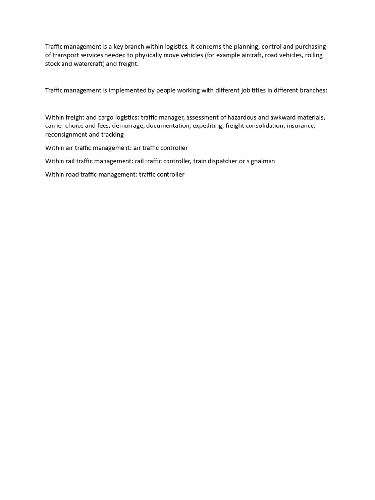 Traffic Management Is A Key Branch Within Logistics | PDF
