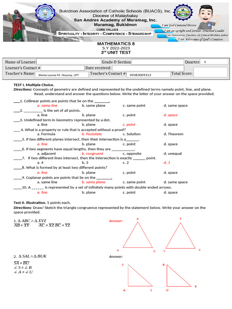 Geometry Concepts Unit Test 2022-2023 | PDF | Line (Geometry) | Euclid