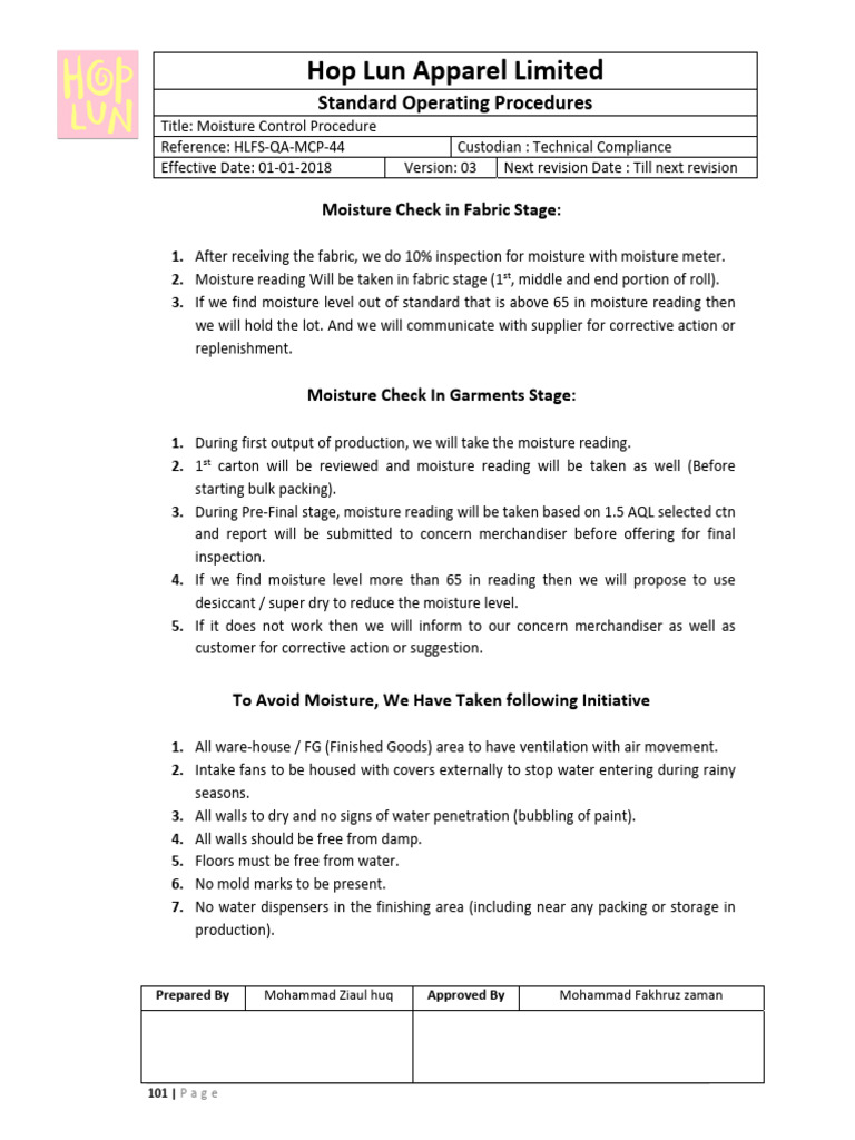 Moisture Control SOP for Garments | PDF
