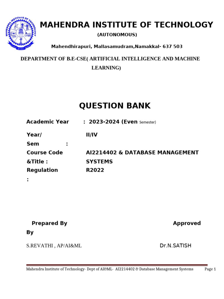 Database Management Systems Question Bank | PDF | Databases | Data Model