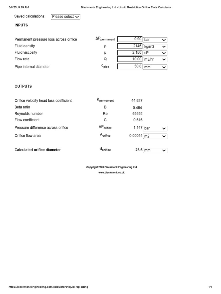 Liquid Restriction Orifice Plate Sizing Calculator - Blackmonk ...