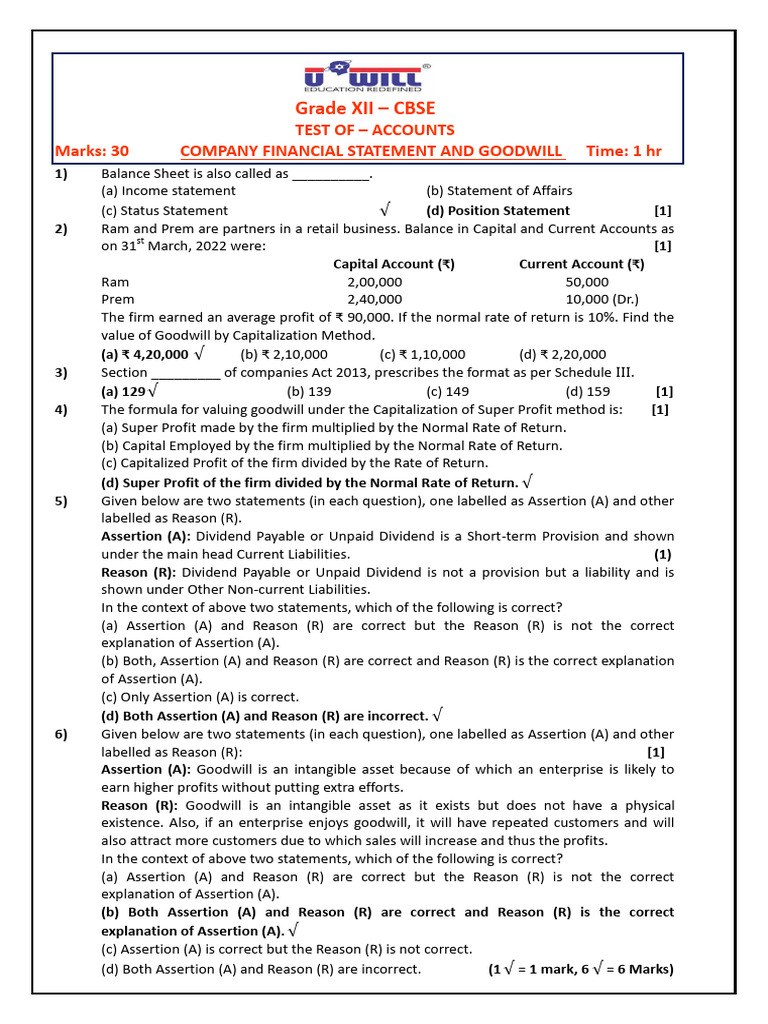 Ans of 12th CBSE Accounts Goodwill & Company Final 30 Marks Paper | PDF | Goodwill (Accounting ...