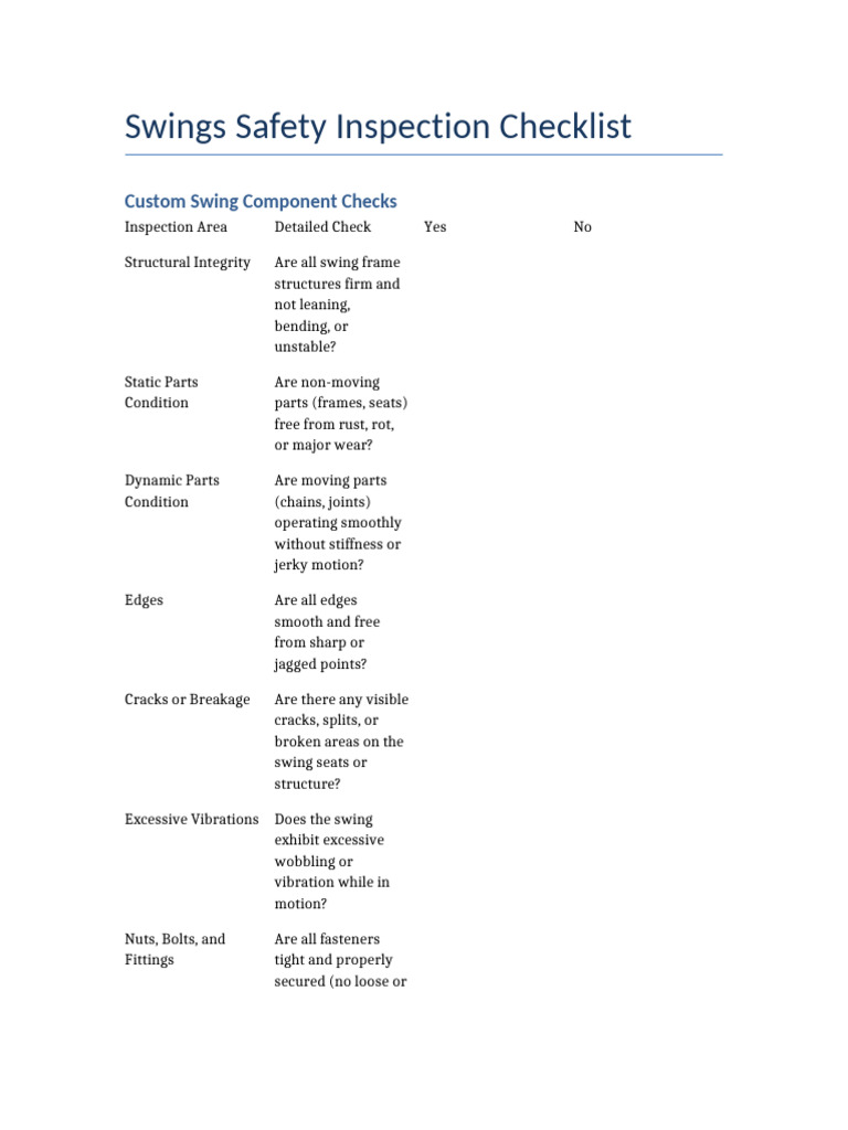 Swings Safety Inspection Checklist | PDF