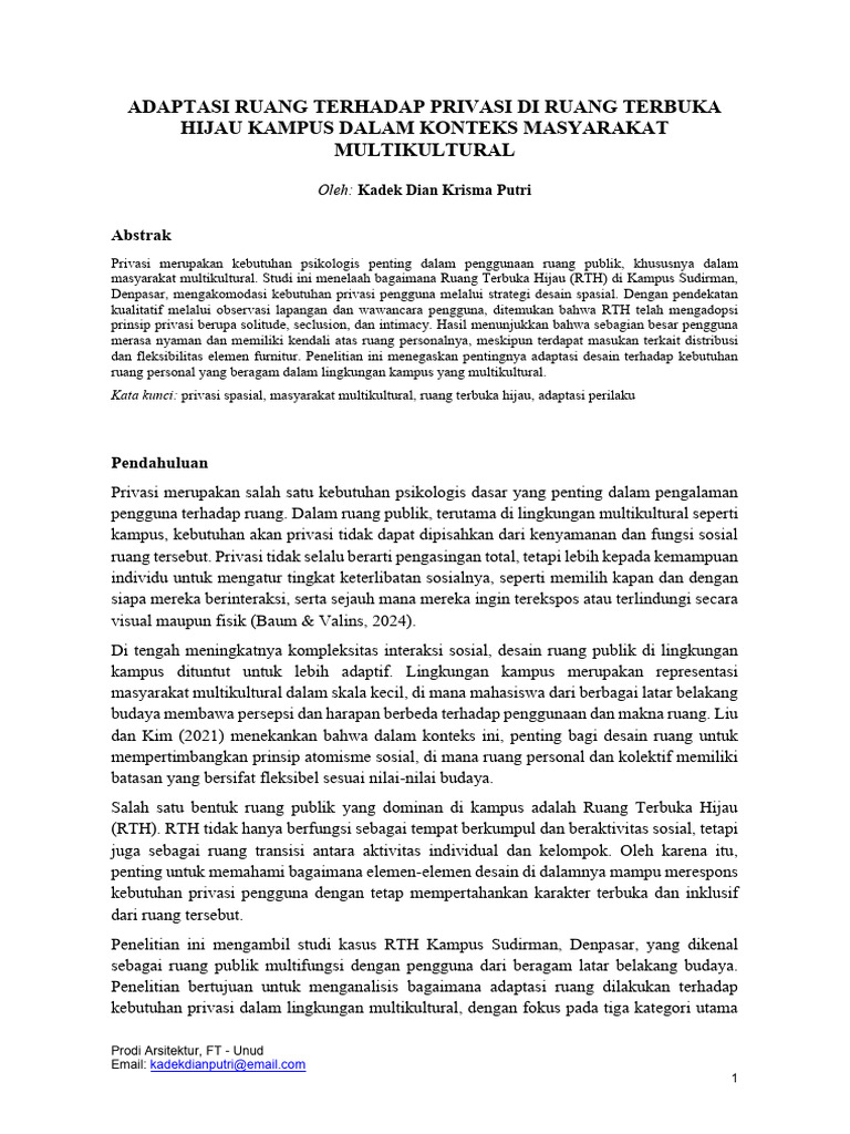 Adaptasi Ruang Terhadap Privasi Di Ruang Terbuka Hijau Kampus Dalam ...
