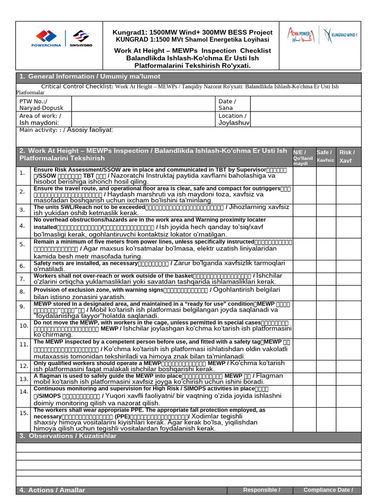 Crictical Control Inspection Checklist WAH - MEWPS-(Eng.ch.Uzb) | PDF ...