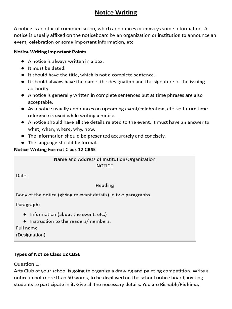 Notice Writing Class 12 Format | PDF